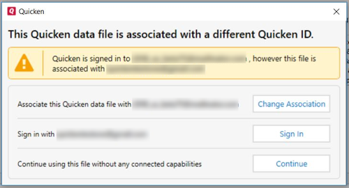 Message: This Quicken data file is associated with a different Quicken ID | Quicken